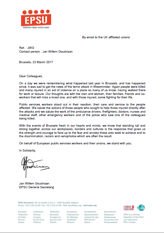 EPSU solidarity letter in response to the Westminster terror attack ...